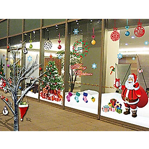 LONGTEN Christmas Windows Static Stickers Clings Santa Claus Snowman Deer Snowflake Removable Vinyl Christmas Tree DIY Wall Window Door Mural Decal Sticker for Showcase