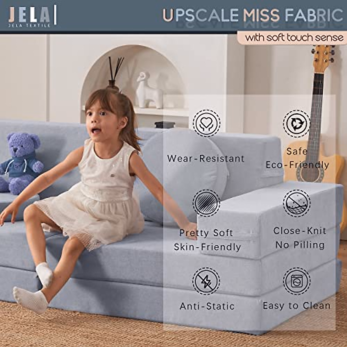 jela Kids Couch 10PCS Luxury, Floor Couch Floor Sofa Modular Furniture for Adults, Playhouse Play Set for Toddlers Babies, Modular Foam Play Couch (Classic, Moonlight Grey)