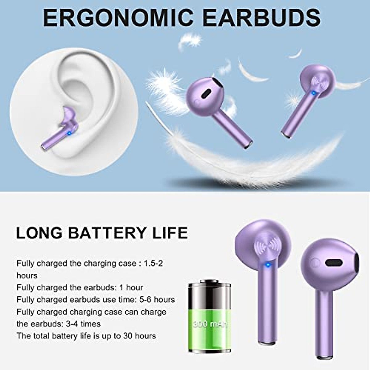 Wireless Earbuds, Bluetooth 5.2 IPX6 Waterproof 30H Playtime True Wireless Stereo Headphones for iPhone Android with Charging Case in-Ear Earphones Headset Mic Hi-Fi Sound Deep Bass Sport/Travel/Gym