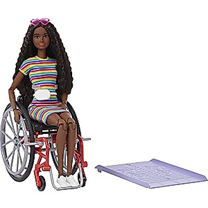 Barbie Fashionistas Doll #166 with Wheelchair and Ramp, Crimped Brunette Hair and Rainbow-Striped Dress with Accessories (Amazon Exclusive)