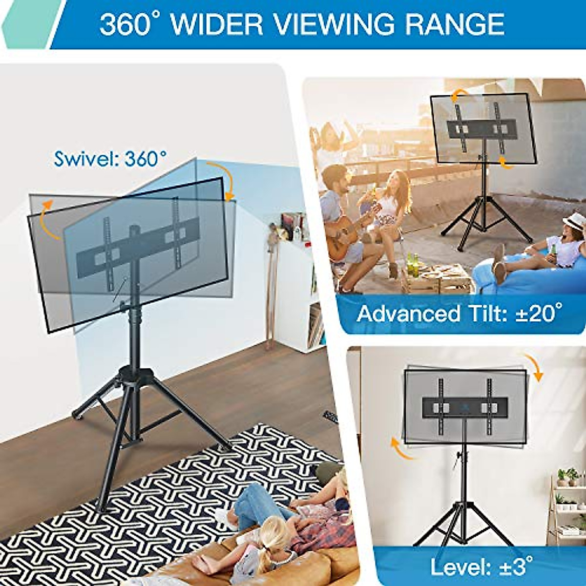 PERLESMITH Tripod TV Stand -Portable TV Stand for 37-80 Inch LED LCD OLED Flat Screen TVs-Height Adjustable Display Floor TV Stand with VESA 600x400mm, Holds up to 110lbs PSTM2