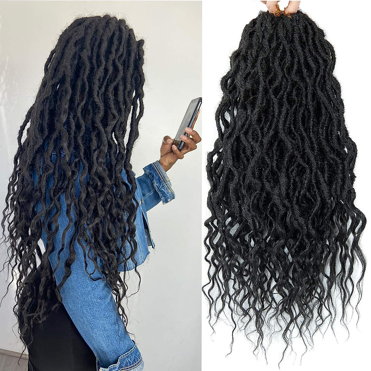 Faux Hair Goddess Locs Crochet Hair 6Packs 24Inch Pre-looped with Soft Curly Ends Dreadlocks Wavy Faux Crochet Locs Synthetic Braids Extensions 72strands(24'', 1B)