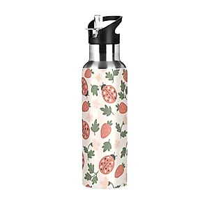 ALAZA Ladybug Strawberry Flower Leaves Water Bottle with Straw Lids Boys Girls,Vacuum Insulated Leakproof Stainless-Steel Sports Bottle Thermal Flask for Gym Yoga Camping,20oz (600ml)