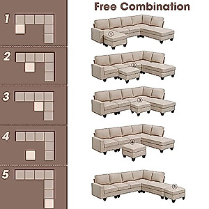 Lifeand 104.378, 7-seat Linen Fabric Couch Set with Chaise Lounge and Convertible Ottoman for Living Room,Apartment,Office Modern L-Shaped Sectional Sofa, Khaki