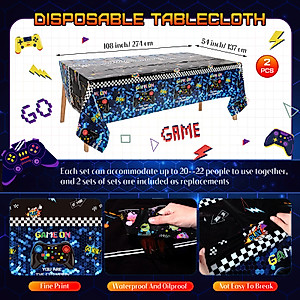122 Pcs Video Game Party Supplies Tableware Set for 24 Guests Video Game Paper Plates Cups Napkins Plastic Tablecloth Party Tableware Serves for Gaming Birthday Party Decorations