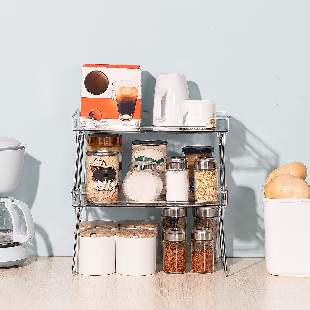 Ettori Stackable Cabinet Organizers and Storage, 2 Packs Cabinet Storage Organization, Clear Cabinet Shelves and Kitchen Counter Shelf- Translucent Plastic and Metal