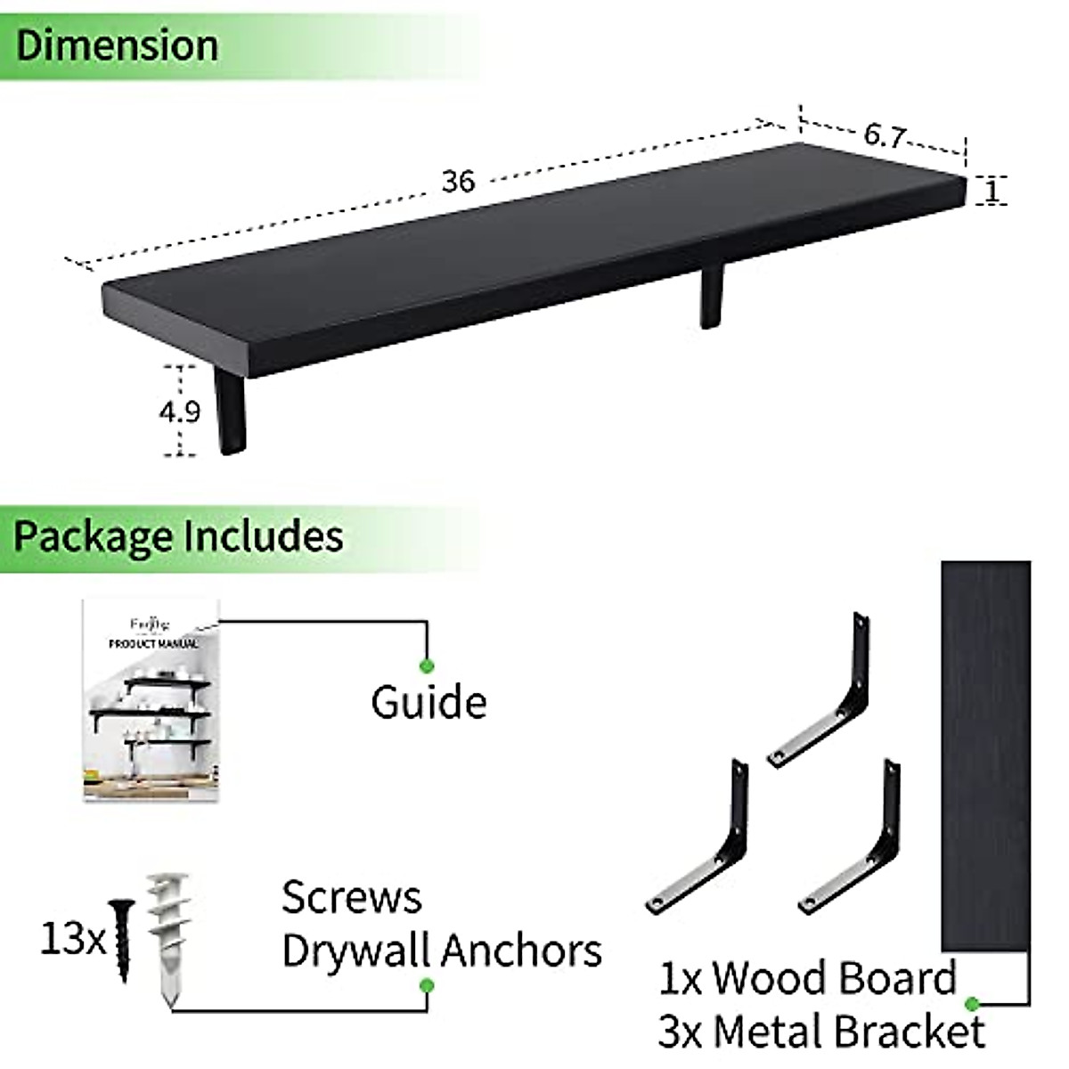 Floating Shelves, Solid Wood Wall Shelves for Bedroom Decor, 36 Inch Black Wooden Shelves for Bookshelf, Wall Mounted Long Floating Shelves, Decoration for Bathroom Bedroom Kitchen Garage and Plants