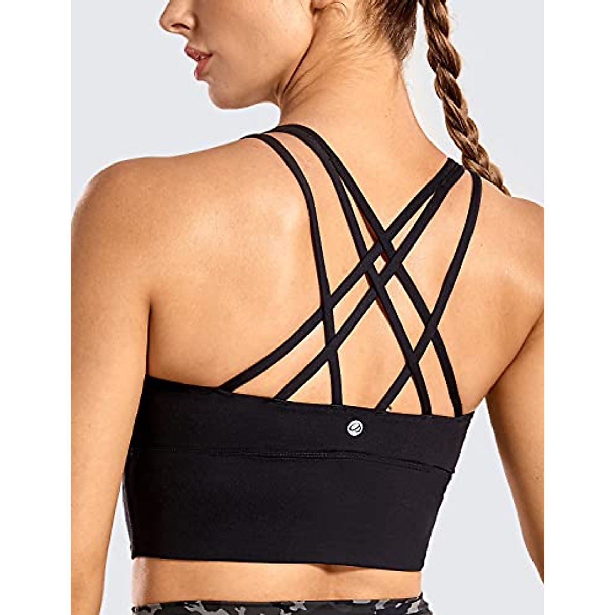 CRZ YOGA Women's Strappy Longline Sports Bras - Wirefree Padded Medium Impact Workout Crop Tank Top Black Medium