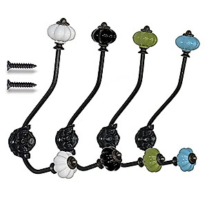 EMAX HOME Assorted Set of 4 Single Wall Coat Hooks with Colorful Pumpkin Ceramic Knobs, Farmhouse Wall Mounted Coat Rack for Home Decor,Bathroom Towel Hooks Laundry Room Wall Hooks-7.7 Inches Each