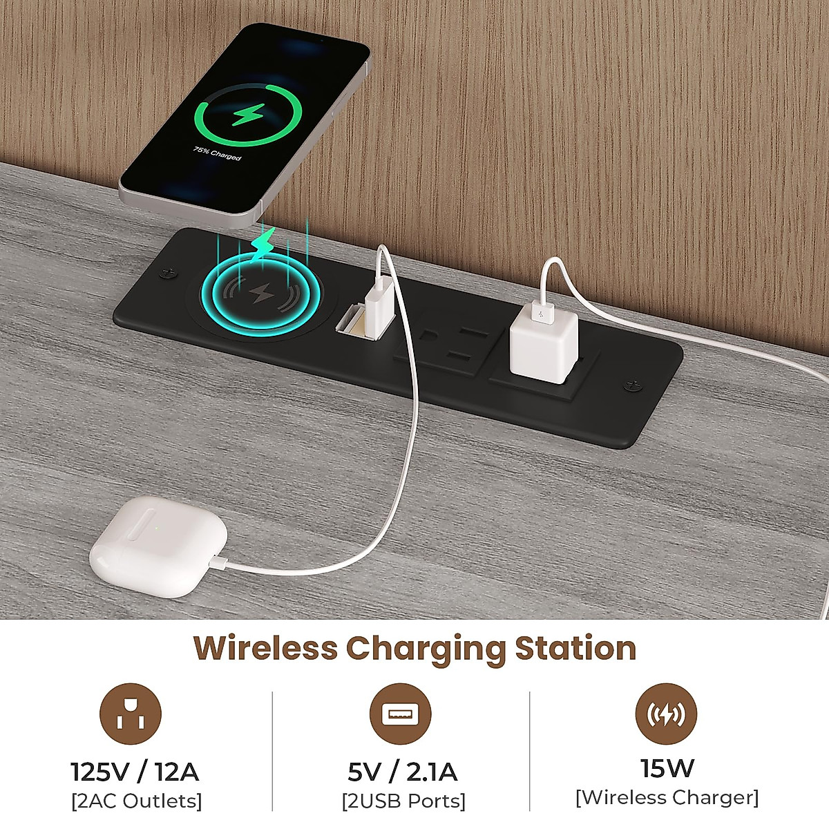 ADORNEVE Nightstand with Wireless Charging Station and LED Lights, Grey Night Stand with 2 Drawers and Open Storage for Bedroom, Bedside Table with Pull-Out Shelf, Modern End Side Table