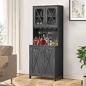 YITAHOME Farmhouse Bar Cabinet for Liquor and Glasses, Dining Room Kitchen Cabinet with Wine Rack, Upper Glass Cabinet, Open Storage Shelves for Living Room, Hallway, Charcoal Grey