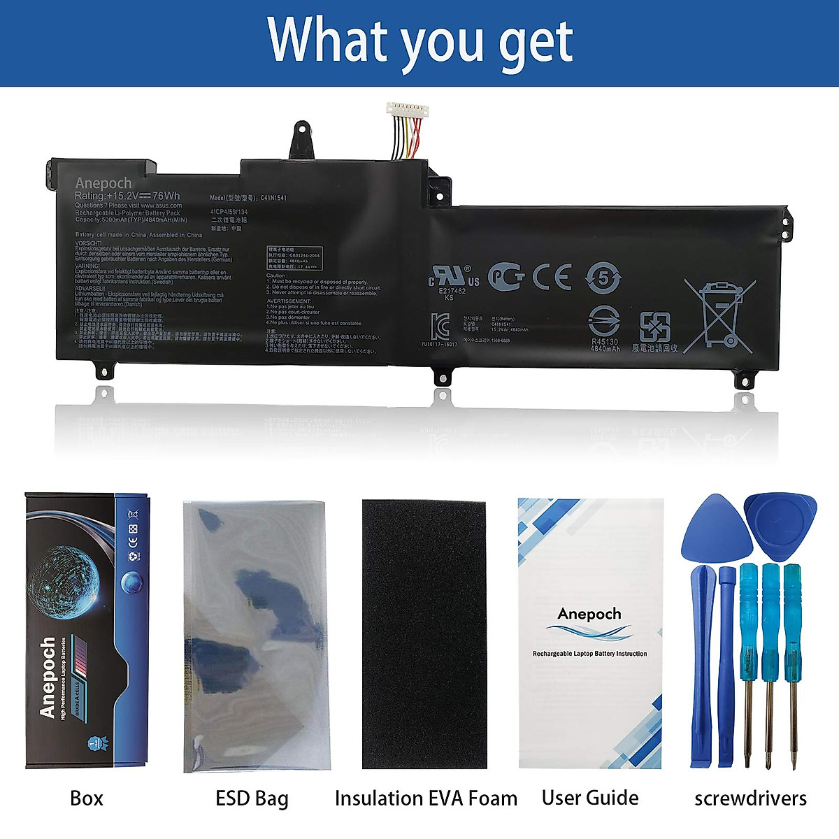 Anepoch C41N1541 Laptop Battery Replacement for Asus ROG Strix GL702 GL702V GL702VS GL702VT GL702VM GL702VM1A Series 0B200-02070000 4ICP4/59/13 15.2V 76Wh 4840mAh