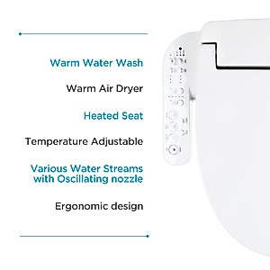 Blooming NB-1360E Bidet Toilet Seat, Warm Water with Stainless Steel Nozzle, Warm Air Dryer, Heated Toilet Seat, Sittable Lid, Nightlight, Fits Elongated Toilets, White (Elongated)