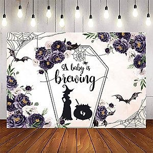 Avezano A Baby is Brewing Backdrop 8x6ft Halloween Baby Shower Party Decorations Watercolor Floral Coffin Vampire Bat Halloween Baby Shower Banner Supplies