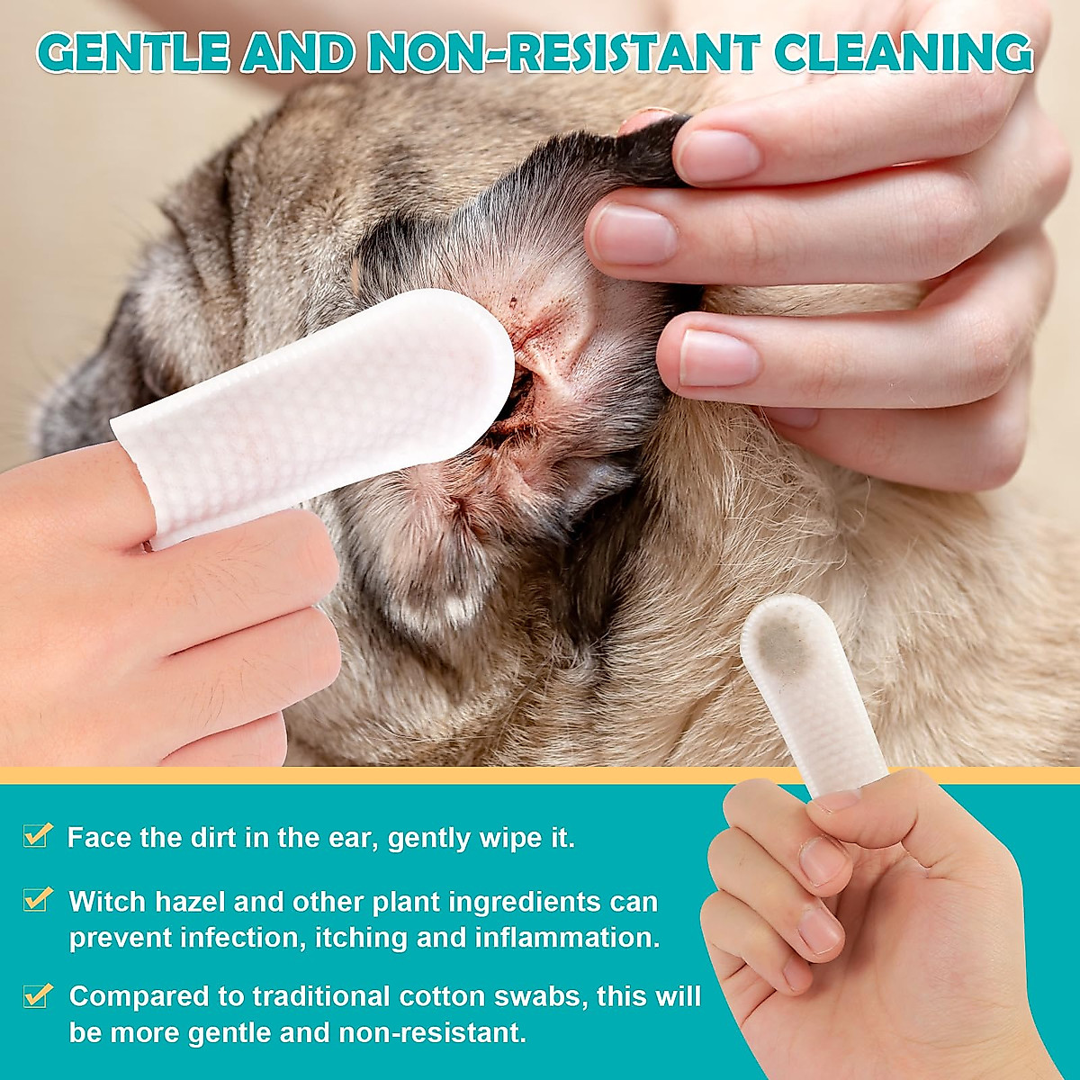 PET Hous Dog Ear Wipes.Ear Cleansing Finger Wipes for Cats & Rabbit | Sooths & Deodorizes |Grooming Kit Care for Pets Ears. 50 Disposable Wipes.