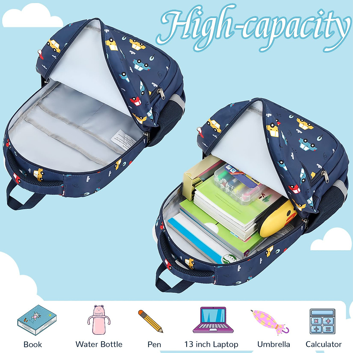 MIRLEWAIY Boys Backpack Purse Set Kids Space Rocket Printed School Bag 15.7 inch Multipocket Bookbag With Insulated Lunch Box And Coin Pouch, Dark Blue Rocket