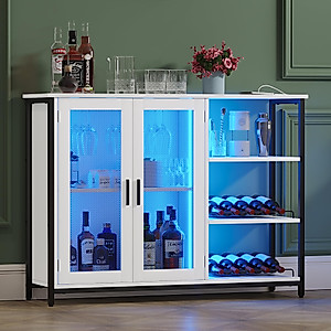 LVSOMT LED Farmhouse Coffee Bar Cabinet, Wine Cabinets with Removable Wine Rack, Buffet Cabinet with Motion Sensor for Kitchen, Dining Room (Pure White-43.3''L)
