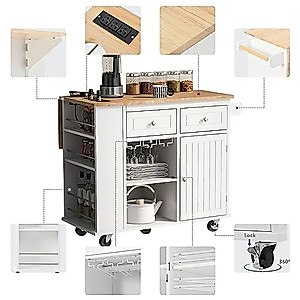 FRITHJILL Kitchen Storage Island with Power Outlet and Drop Leaf, Rolling Kitchen Cart with Spice Rack and Drawer, for Kitchen and Dining Room, White