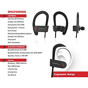 Bluephonic Bluetooth Earbuds Headphones, Best Wireless Sports Earbuds w/Mic, HD Stereo Sweatproof Earphones for Gym Running Workout IPX7 Waterproof Noise Cancelling Earphones Noise Cancelling Headsets