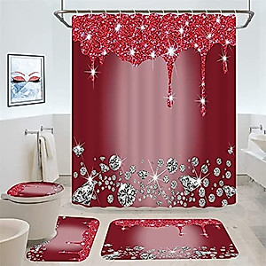 4PCS Bling Diamond Shower Curtain Set with Non-Slip Rugs Toilet Lid Cover and Bath Mat Shower Curtain with 12 Hooks Bathroom Sets with Shower Curtain and Rugs and Accessories