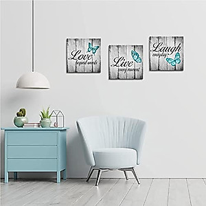 Conipit 3 Pieces Butterfly Wall Art Canvas Teal and Grey Paintings Picture Live Love Laugh Quotes Artwork for Bathroom Living Room Office Wall Decor Ready to Hang 12" L x 12" W x 3pcs