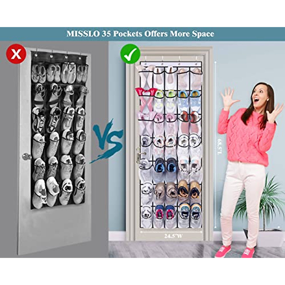 MISSLO 35 Large Pockets Over The Door Shoe Organizer Sturdy Oxford Fabric Hanging Shoe Rack for Door Mesh Closet Shoe Holder Hanger, White