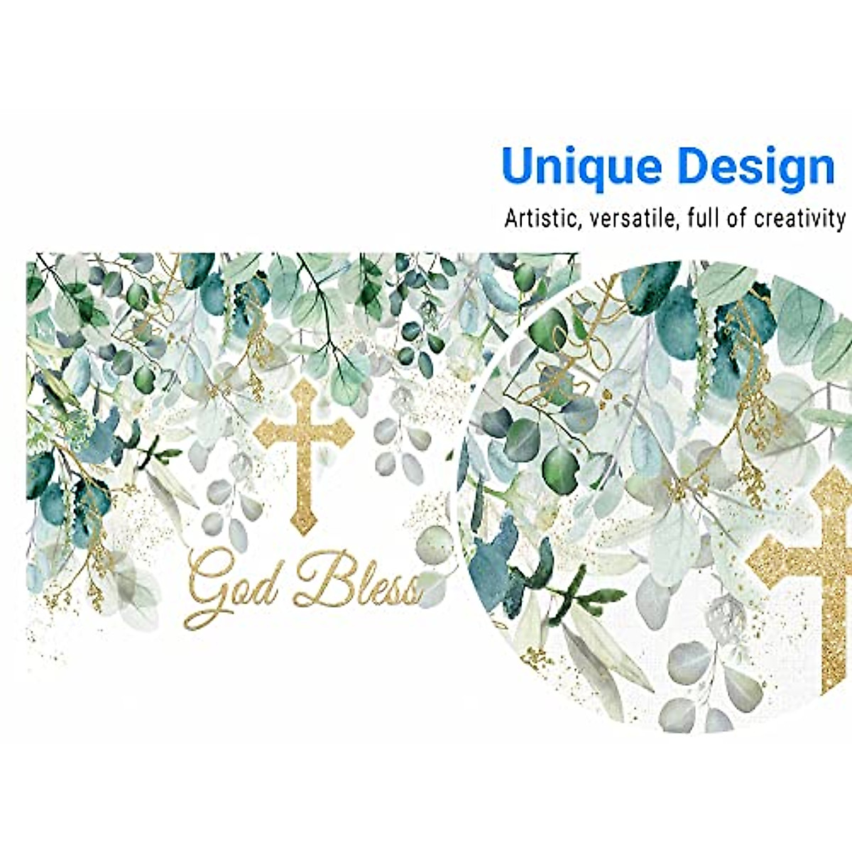 Funnytree 118" x 95" God Bless Backdrop Baptism Party First Holy Communion Christening Banner Decor Forest Leaves Baby Shower Photography Background Favors Gifts Supplies Photo Booth Props
