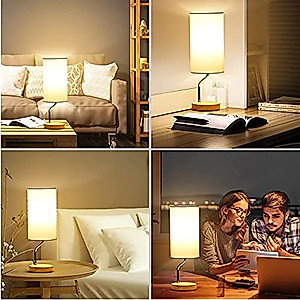 Bedside Table Lamp with Wireless Charger & USB Port - Touch Control LED Desk Lamp for Bedroom, 3-Way Dimmable Wooden Nightstand Lamp with Fabric Shade for Living Room, Kid's Room, Dorm, or Office