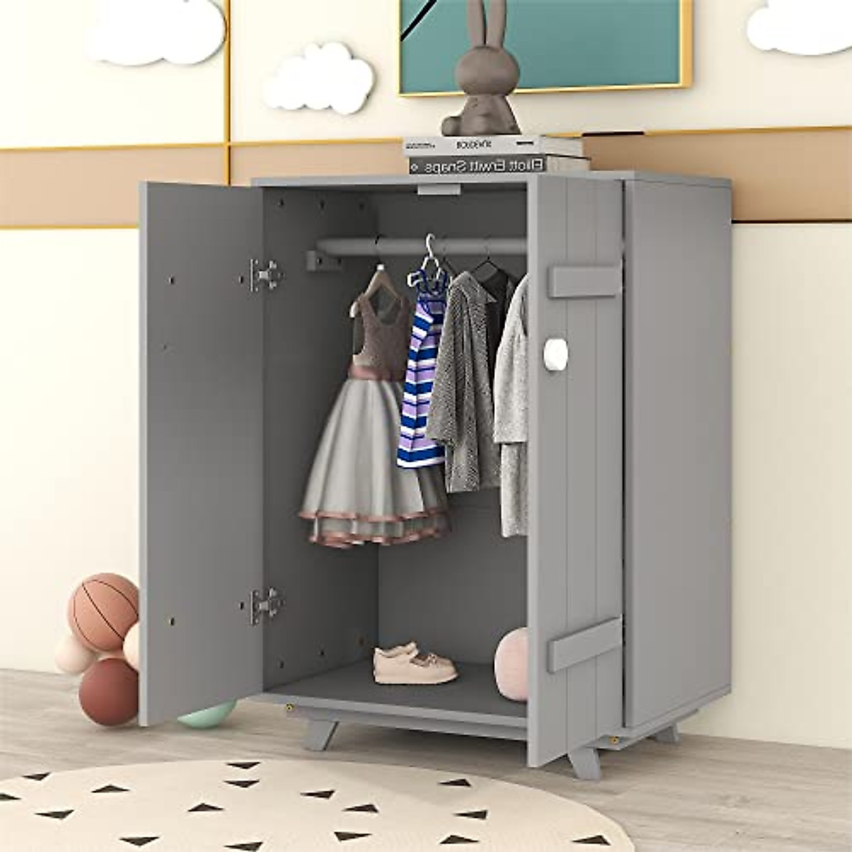 SOFTSEA Kids Wardrobe with Hanging Rod, Wooden Wardrobe Closet with 2 Doors, Freestanding Wardrobe Cabinet, Clothes Hanging Storage Rack for Boys Girls (Gray)