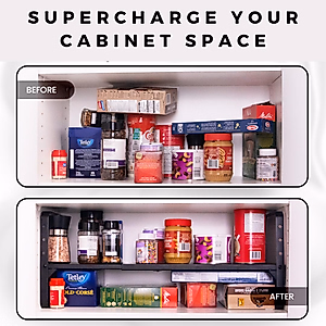 Expandable Kitchen Cabinet Shelf Organizers - Adjustable Height & Width Shelf Riser - Stackable Shelves - Pantry Shelf Organizer Rack - Cupboard Cabinet Storage Shelf Rack - Countertop Organizer