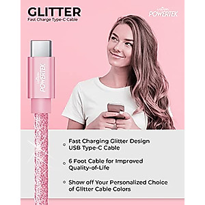 LIQUIPEL USB Type C Cable 6ft, USB A 2.0 to USB-C Fast Charger Extra Long Durable, Glitter Cables (Pink)