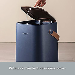 Nordic Style Garbage Can - Double Barrel Trash Can - Plastic Trash Can w/ One Press Lid - 10L/2.6Gal Waste Basket w/ Leather Handle - Modern Recycling Bins for Kitchen - Bathroom Trash Can in Navy