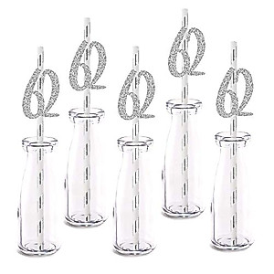 Silver Happy 62nd Birthday Straw Decor, Silver Glitter 24pcs Cut-Out Number 62 Party Drinking Decorative Straws, Supplies