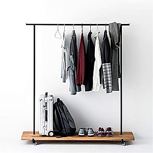 XYYXDD Industrial Style Clothes Rail,Horizontal Bar Metal Mobile Clothing Rack Floor-Standing Display Stand with Solid Wood Partition Shoe Rack/Black/160 * 90 * 40Cm