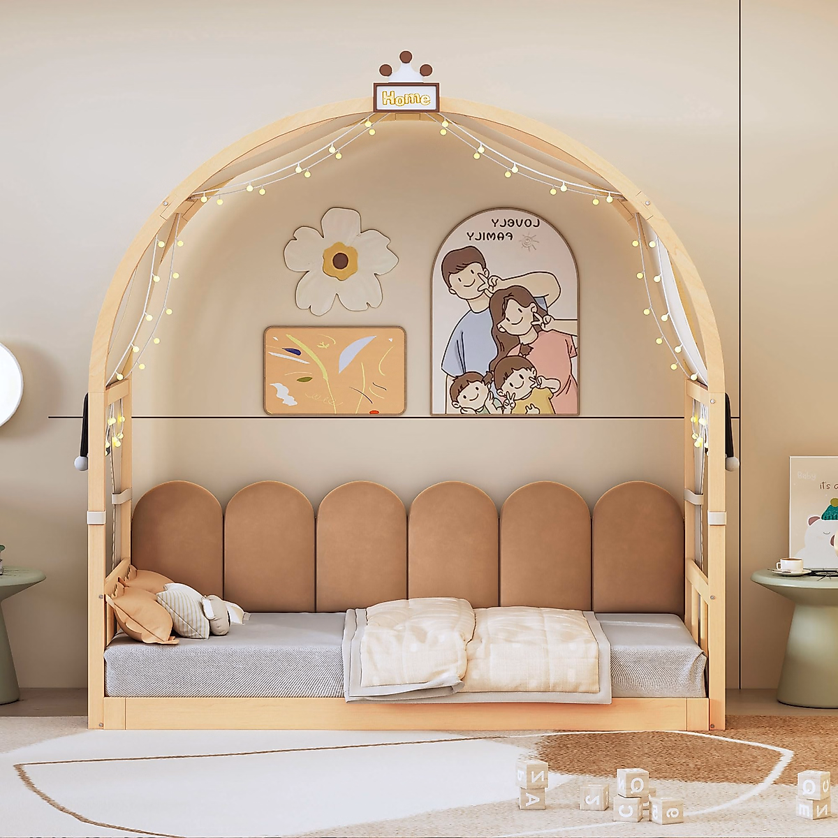 Polibi Twin Size Extended Bed with Arched Canopy, Trundle and Light Strip, Wooden Canopy Bed with Whiteboard (Natural)