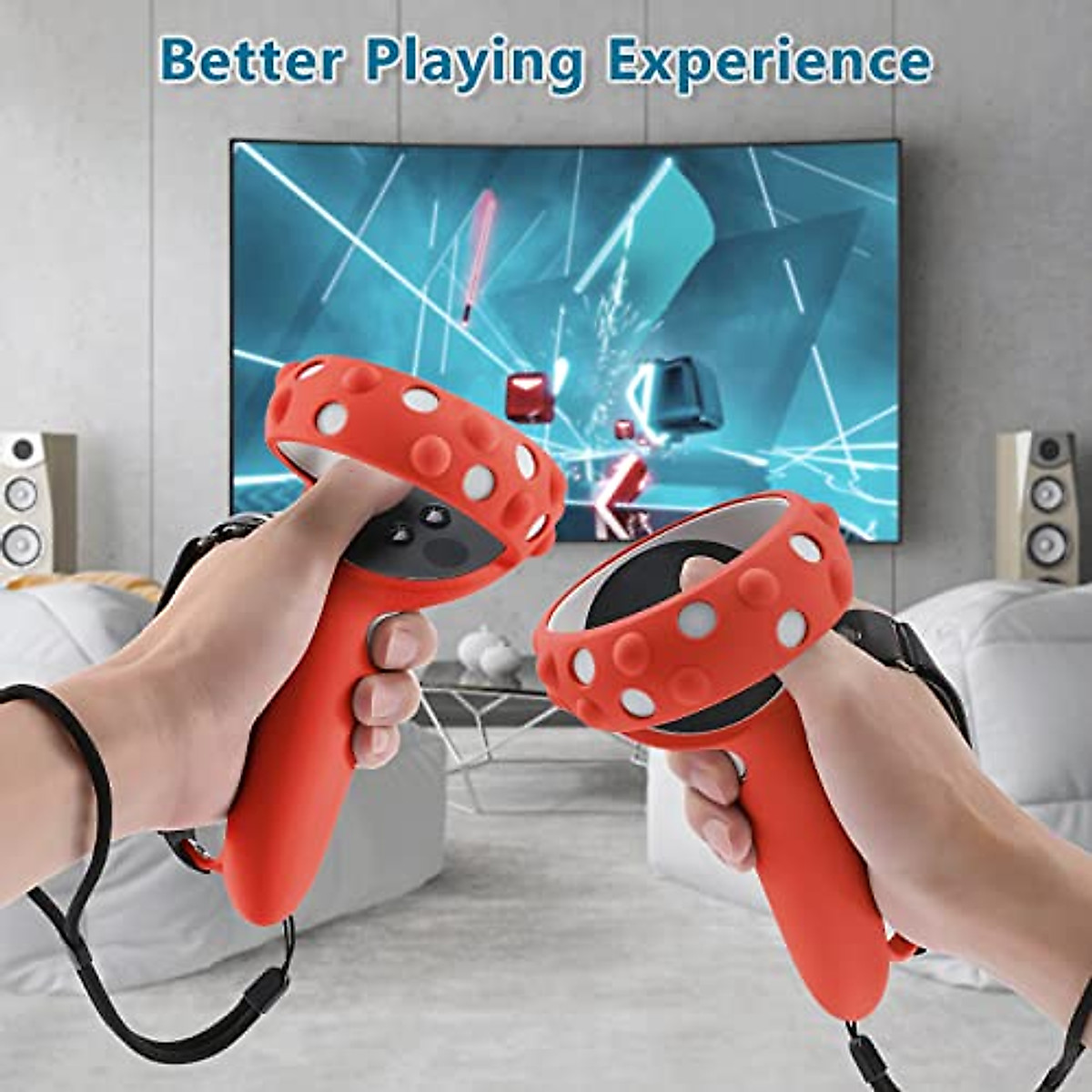 Compatible with Oculus Quest 2 Accessories, Silicone Face Cover, VR Shell Cover, Touch Controller Lengthening Grip Cover with Battery Opening Adjustable with Knuckle Straps Red