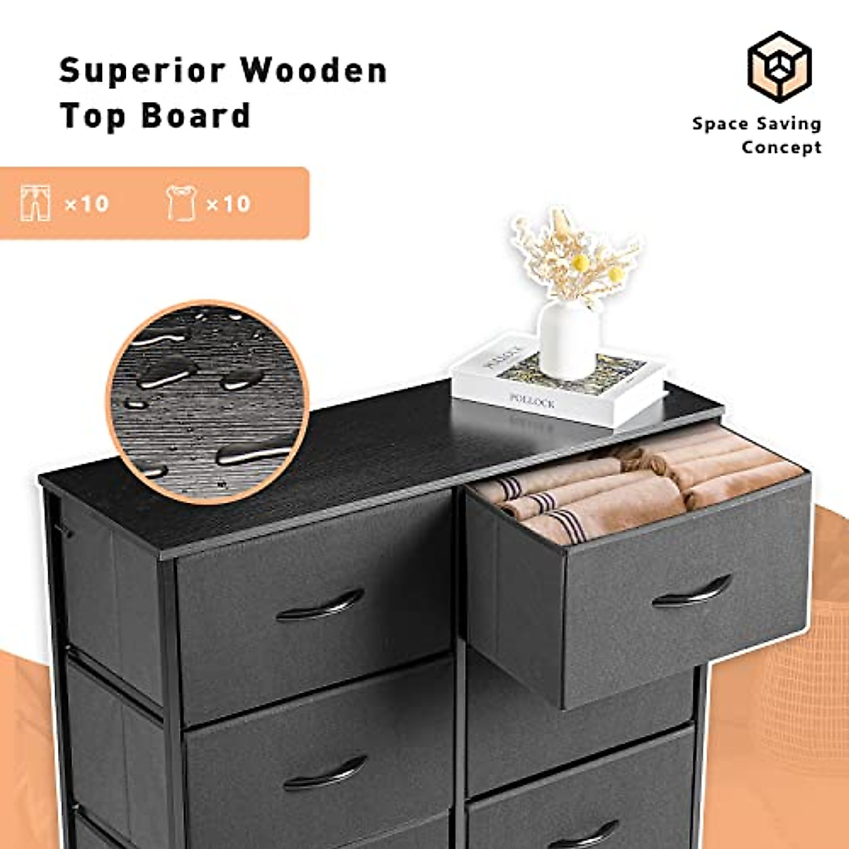 Shahoo Tall Dresser for Bedroom with 8 Drawers Wide Chest Storage Tower with Fabric Bins for Closet, Living Room, Hallway, Dormitory, Black