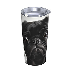 Cute Black Pug Dog print 20 oz Stainless Steel Tumbler With Lid And Straw Insulated Coffee Cup Portable Travel Mug For Cold And Hot Drinks