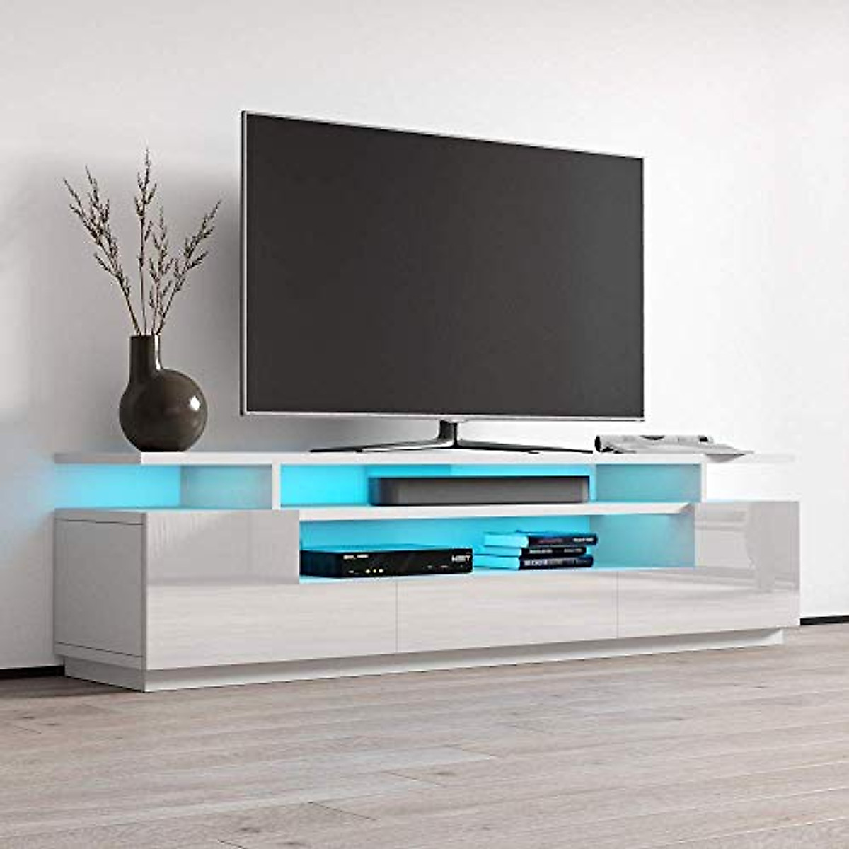 MEBLE FURNITURE & RUGS Eva 77" Modern High Gloss TV Stand with 16 Color LEDs (White)