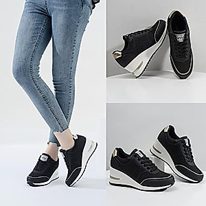 Cestfini Black High Heel Wedge Sneakers for Women Dressy Fashion Platform Sneakers Hidden Wedge Sneakers Tennis Shoes