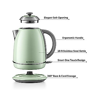 BUYDEEM K640N Stainless Steel Electric Tea Kettle with Auto Shut-Off and Boil Dry Protection, 1.7 Liter Cordless Hot Water Boiler with Swivel Base, 1440W, Cozy Greenish