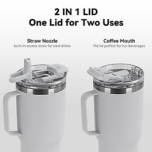 30oz Tumbler with Handle, Insulated Leak Proof Coffee Travel Mug with Straw Lid Double Wall Stainless Steel Vacuum Tumblers Metal Cup Keep Hot and Iced Drink for Gym, Office, Camping, White 1 Pack