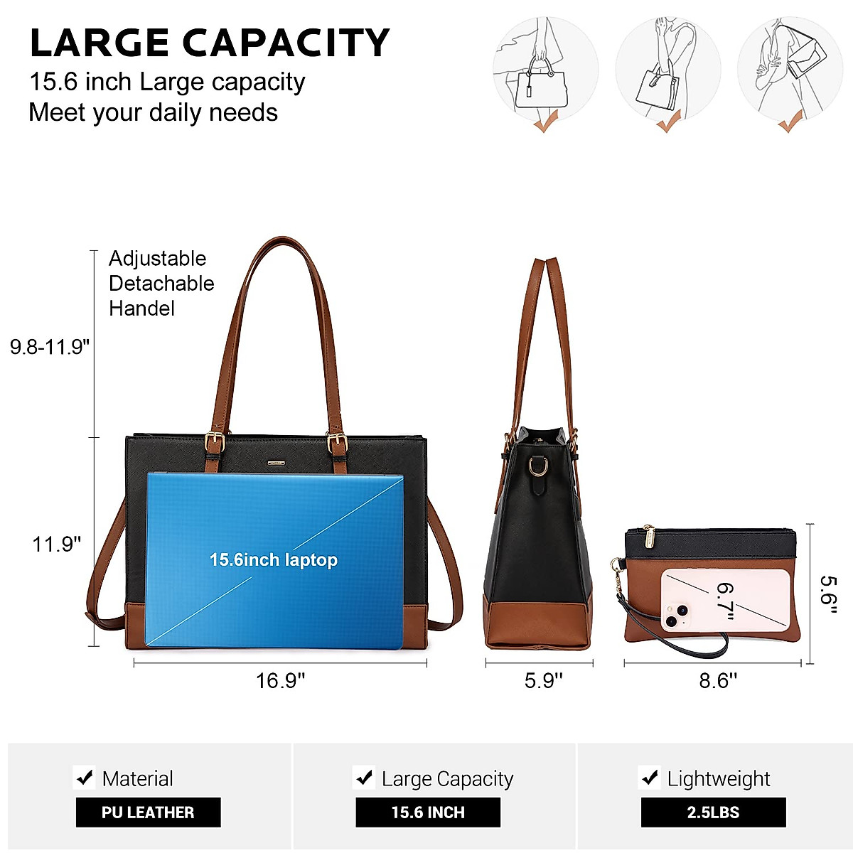 LOVEVOOK Laptop Bag for Women, Fashion Tote Bag, Large Capacity Computer bag, Vegan Leather Work Handbag, Messenger Bag Purse Set, Business Office Briefcase Fit 15.6 Inch Laptop, Black