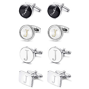 LOYALLOOK 4Pairs Men's Initial J Letter Shirts Cufflinks Engraved Shirt Cufflink Alphabet Set Fashion Dazzle Tuxedo Cufflinks Business Wedding Father's DayGift