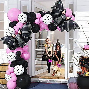 HOUSE OF PARTY Halloween Bat Balloon Garland Kit, 18/12/10/5 inch Black Pink White Balloons Arch with 2 Pcs 40'' Large Bat Foil Balloon, Bat Latex Balloons for Indoor Halloween Party Decorations