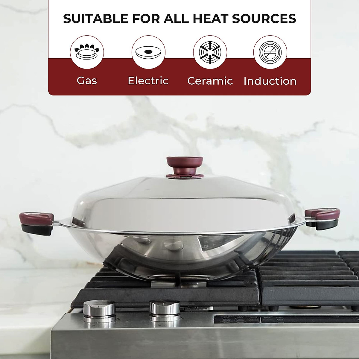 BUFFALO Clad Stainless Steel Wok Pan with Lid Flat Bottom 15 inch (38cm) Stir Frying Pan Tri-Ply Nonstick Cookware - Double Handle Cooking Pot for Induction/Electric/Gas Stoves