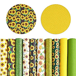 Pllieay 10 Pieces Sunflowers Printed Faux Leather Sheet Glitter PU Synthetic Leather Sheet for Earrings Headbands Making (8.2 x 6.3 inch)