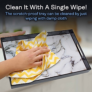 Bowmani Large Ottoman Tray Set - Faux Marble Coffee Table Tray with Black Accents, 18 x 12 Inches