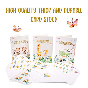 30 Safari Happy Birthday Cards Bulk | Kids Birthday Card | Assorted Birthday Cards With Envelopes | Greeting Cards Assortment Box | Small & Cute Zoo Birthday Cards For Kids w/ Matching Stickers