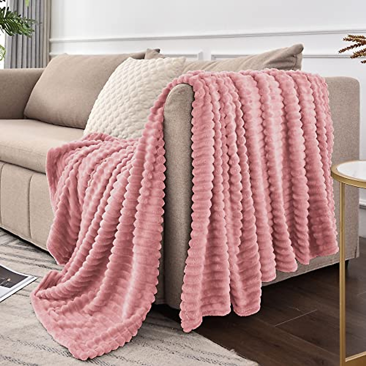 BEDELITE Fleece Throw Blanket for Couch – 3D Ribbed Jacquard Soft and Warm Decorative Spring Blankets – Cozy, Fuzzy, Fluffy, Plush Lightweight Pink Throw Blankets for Bed, Sofa, 50x60 inches